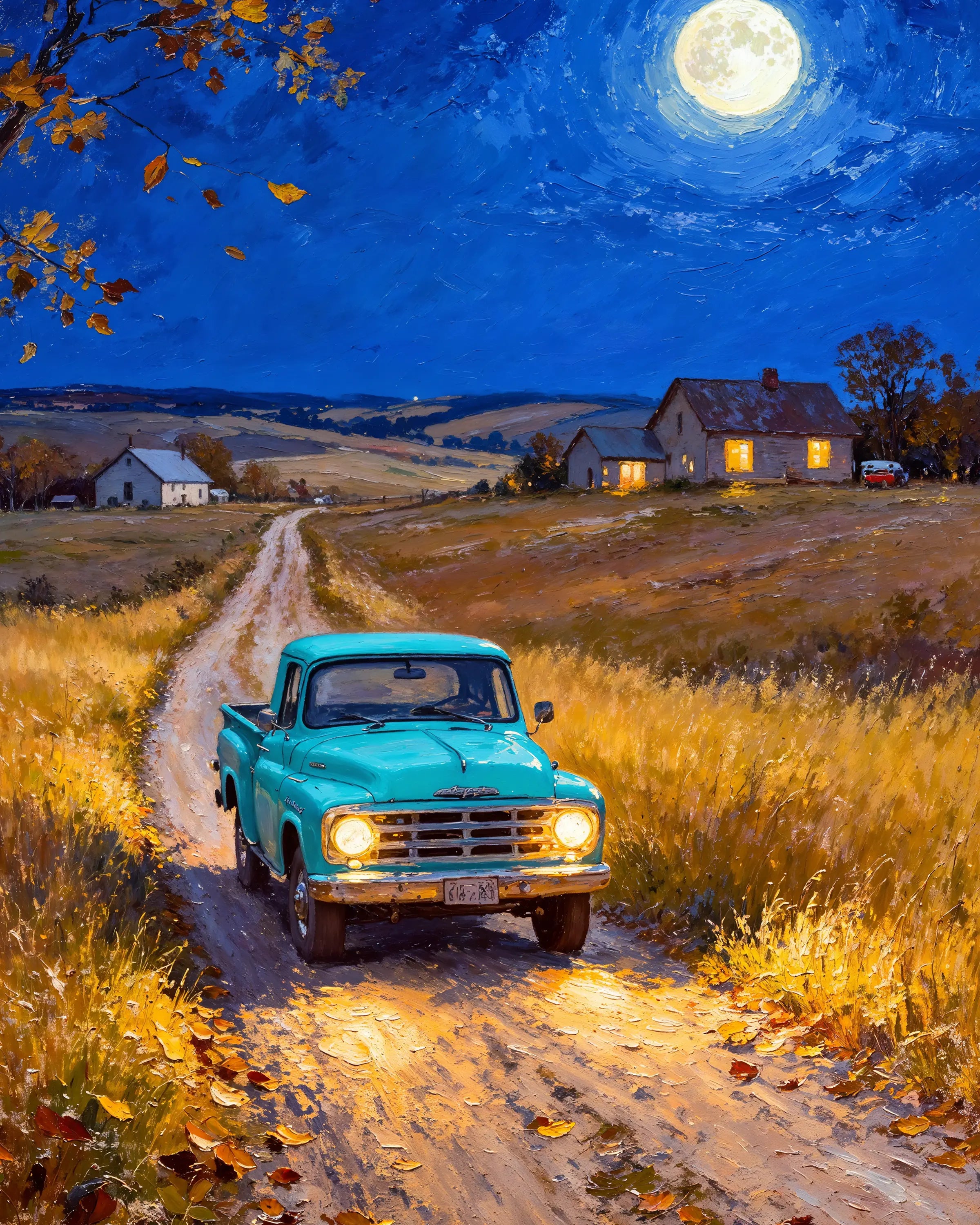 Prairie Moonlight – Rural Country Road and Truck Under Full Moon – Art ...