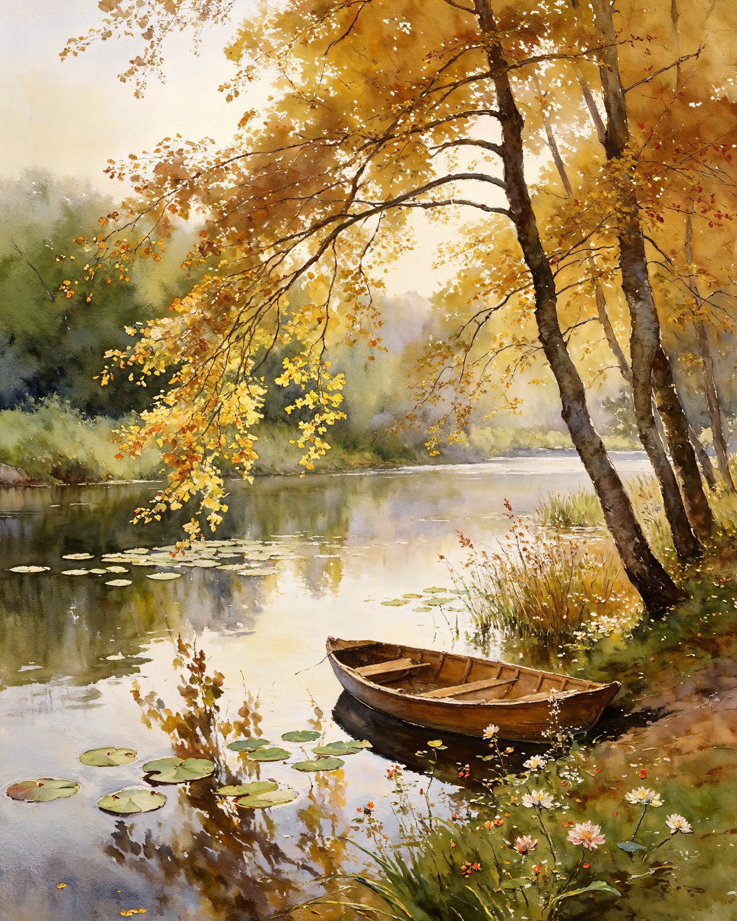 Reborn Autumn Lakeside with Boat and Golden Leaves Light Sky – Art Academi