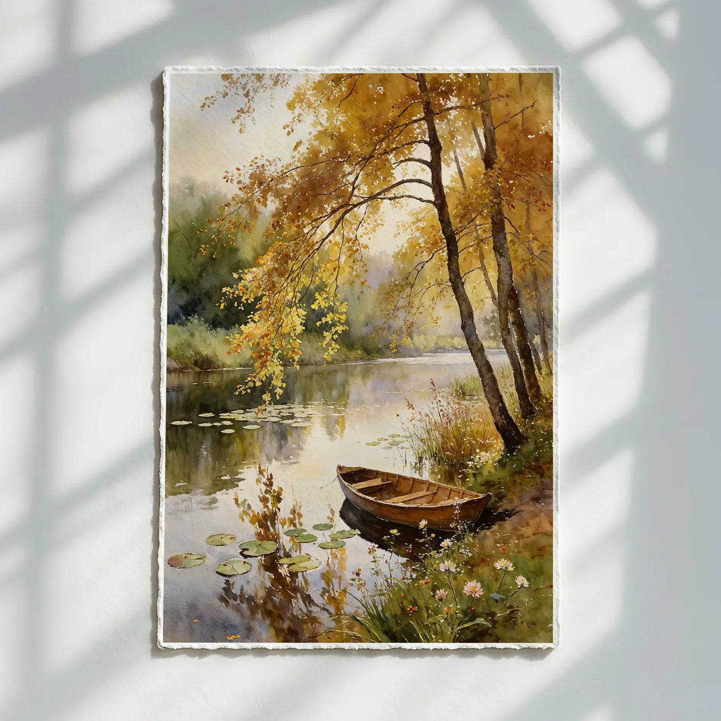 Reborn Autumn Lakeside with Boat and Golden Leaves Light Sky – Art Academi